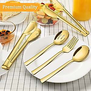 LIANYU Gold Serving Utensils Set of 8, Stainless Steel Serving Spoons, Slotted Spoons, Serving Forks, Metal Tongs for Kitchen Buffet Party Banquet Entertaining, Mirror Finished, Dishwasher Safe
