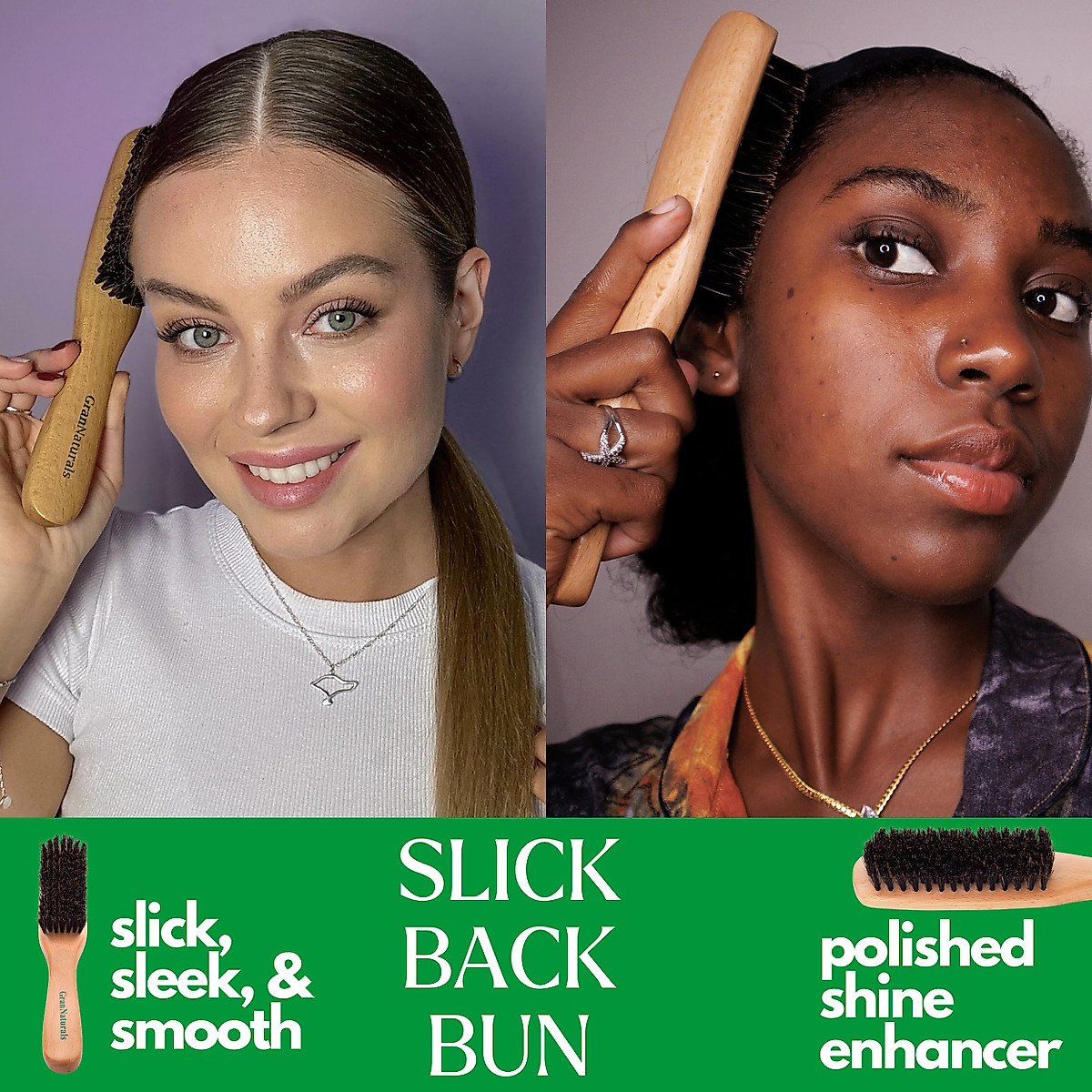 GranNaturals Boar Bristle Slick Back Hair Brush - Soft/Medium Smoothing Hairbrush to Style, Polish, & Lay Hair Down Flat to Create a Sleek Frizz Free Hairstyle for Women and Men - Wooden Handle