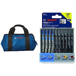 Bosch CW01 Small Contractor Tool Bag 12.75 In. x 8 In. x 9 In.&BOSCH T5002 T-Shank Multi-Purpose Jigsaw Blades, 10 Piece, Assorted, Jig Saw Blade Set for Cutting Wood and Metal
