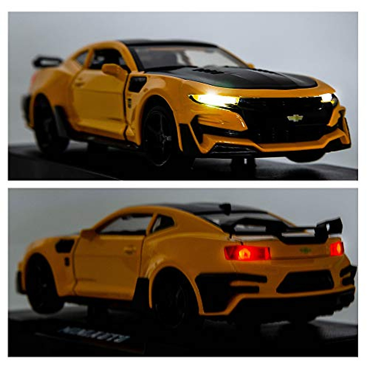 BDTCTK Camaro Bumblebee Car Model Toy 1/32 Zinc Alloy Casting Pull Back Car Sound and Light Toys for Kids Boy Girl Gift (Yellow)