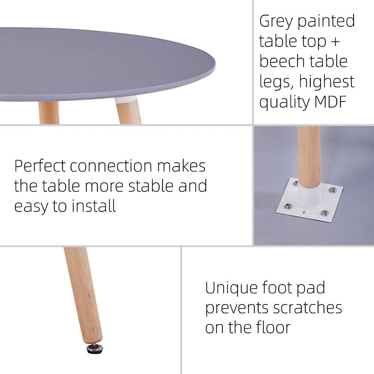 NIERN Round Dining Table with Beech Wood Legs, Modern Wooden Kitchen Table for Dining Room Kitchen (Grey)