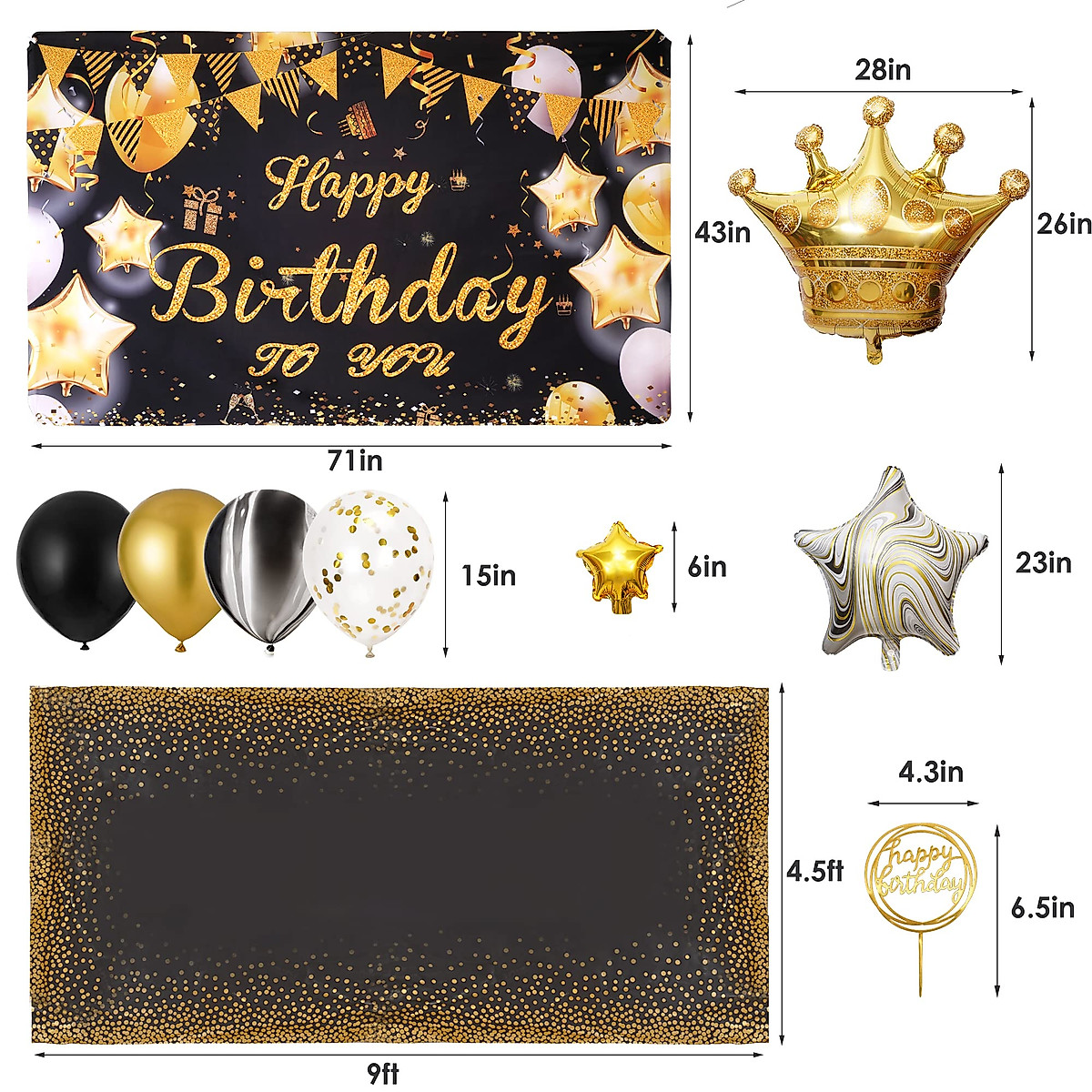 KATBUU Gold and Black Birthday Decorations - with Happy Birthday Banner, Gold and Black Balloons Arch Garland for Mens Women Girls Sweet 16th 21st 30th 40th 50th Birthday Party Decor Supplies