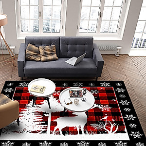 Seven Roses Rectangular Area Rug for Living Room, Bedroom, White Xmas Tree Elk Snowflake Non-Slip Residential Carpet, Kitchen Rugs, Red Buffalo Plaid Christmas Floor Mat with Rubber Backing 2' x 3'