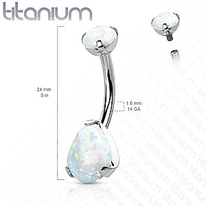 Dynamique Implant Grade Titanium Internally Threaded Top Prong Set Pear Opal Belly Button Rings (Sold Per Piecce)