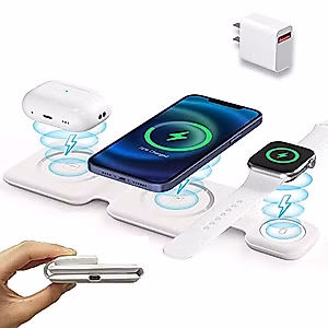 Magnetic Wireless Charger for iPhone: CYFIBYNO Fodable 3 in 1 Charging Station, iPhone Travel Wireless Charger Compatible with Magsafe for iPhone, Samsung, AirPods 3/2/Pro, Apple iWatch.