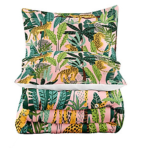 LUVIVIHOME 3PCS Cute Leopard Comforter Set Queen Size, Tropical Jungle Bedding Sets Pink Quilt, African Safari Wild Animal Cheetah Cartoon Kids Bedroom Decor for Girls Women, 2 Pillow Shams