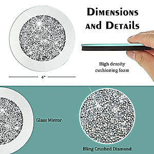 7 Pcs Glass Mirrored Coaster Holder Set, 6 Pcs Silver Crushed Crystal Coasters with Holder for Drinks Glitter Crushed Diamond Decor on Tabletop for Home Kitchen Table Bar Accessories (Round)