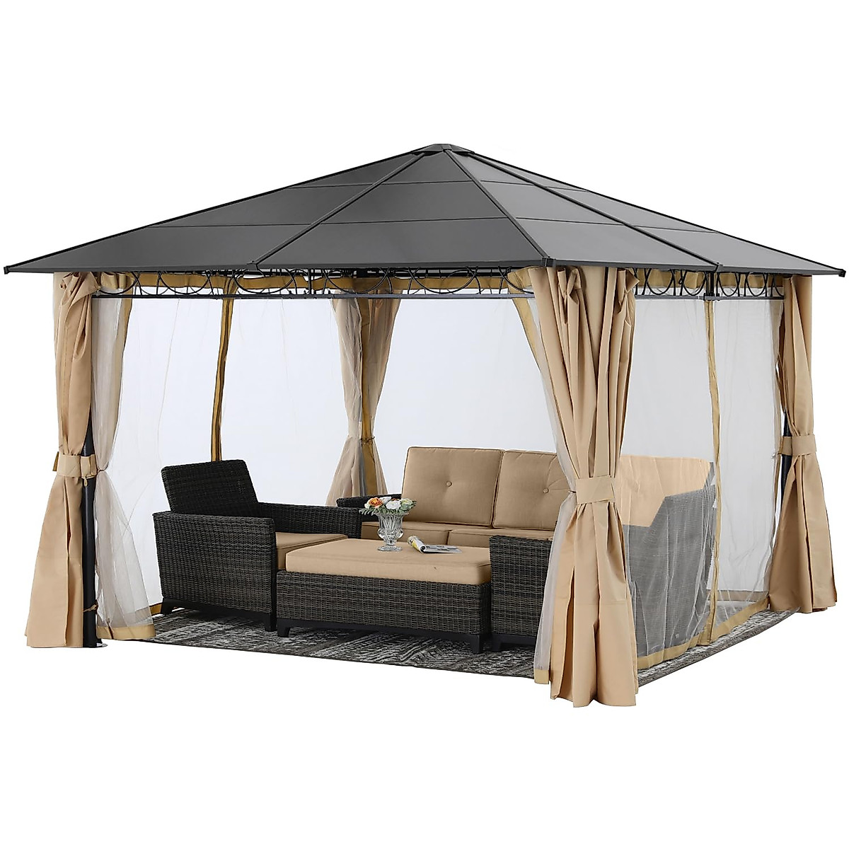 10x10 Hardtop Patio Gazebo with Curtains and Netting by ABCCANOPY