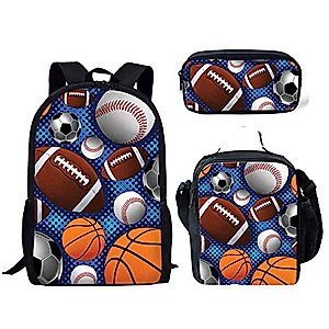 FANCOSAN Sport Football Baseball Basketball Designs Backpack for Mens,Teen Boys Junior School Bag+Lunchbox+Pen Case