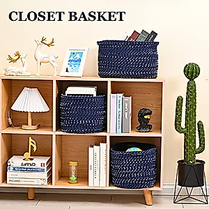 HOMHOLDON Cotton Rope Storage Baskets for Organizing, 15"x10"x9" Set of 1 Woven Basket for Storage, Shelf Basket Cube Storage Bins for Bathroom,Bedroom,Living Room,Laundry,Nursery Room,Clothes,Towels,Toys,Blanket(Spotted Blue)