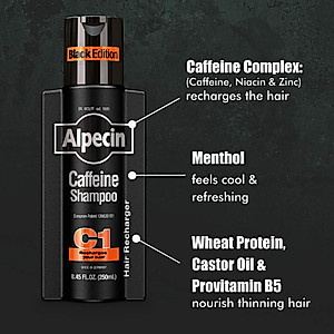 Alpecin Caffeine Shampoo C1 Black Edition, Men's Natural Hair Growth Shampoo for Thinning Hair with Niacin, Menthol, and Castor Oil, 8.45 fl. oz.