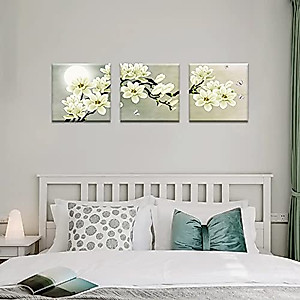 Natural art – White Magnolia & Butterfly Under the Moon Modern Giclee Canvas Prints Paintings to Photo Printed Artwork for Wall Decor