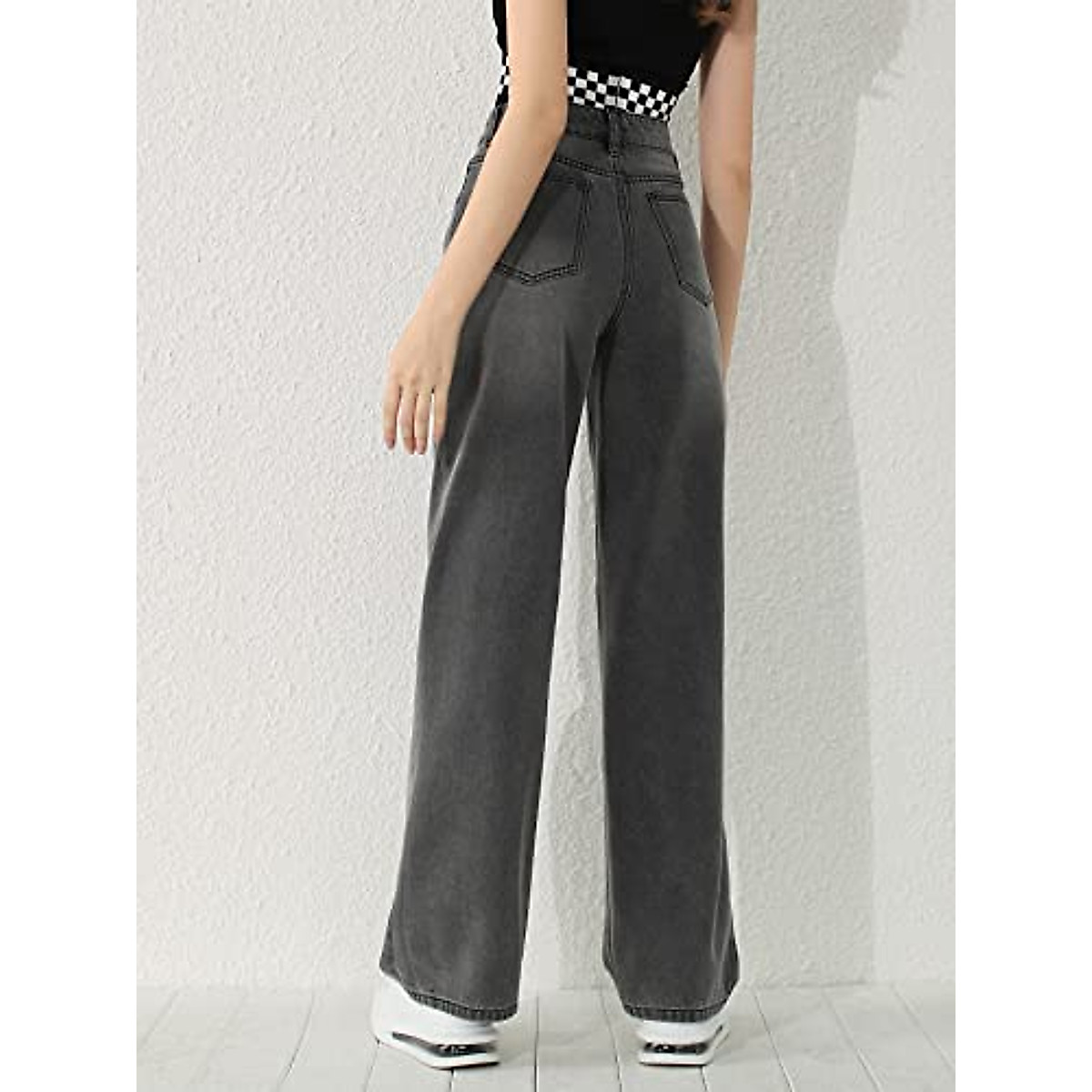 SweatyRocks Girl's High Waisted Solid Straight Leg Jeans Casual Loose Denim Pants Dark Grey 12-13Y