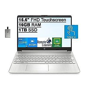 HP 2022 15.6" FHD Touchscreen Laptop, Intel Core i5-1135G7 Processor, 16GB DDR4 RAM, 1TB SSD, Intel Iris Xe Graphics, HD Webcam, HD Audio, HDMI, Win 11, Silver, 32GB SnowBell USB Card