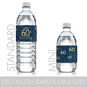 Navy Blue and Gold 60th Birthday Party Water Bottle Labels - 24 Count, 60th Birthday Decorations