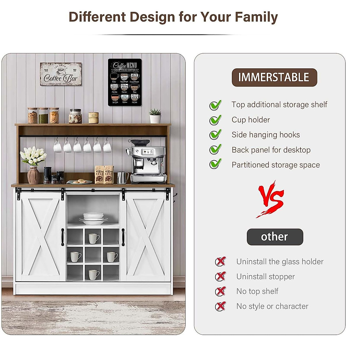 IMMERSTABLE Farmhouse Coffee Kitchen Bar Cabinet with Wine Racks, Coffee Station for Dining Room, White