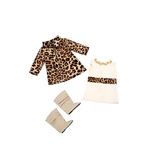 - Fashion Girl - 3 Piece 18 inch Doll Outfit - Cheetah Coat, Ivory Dress and Ivory Boots - (Doll Not Included)