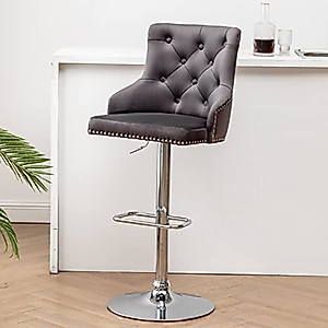 BTEXPERT Set of 2 Premium upholstered Dining 25" - 33" Adjustable High Back Stool Bar Chairs, Gray Tufted Nailhead Trim, (5153GR-2)