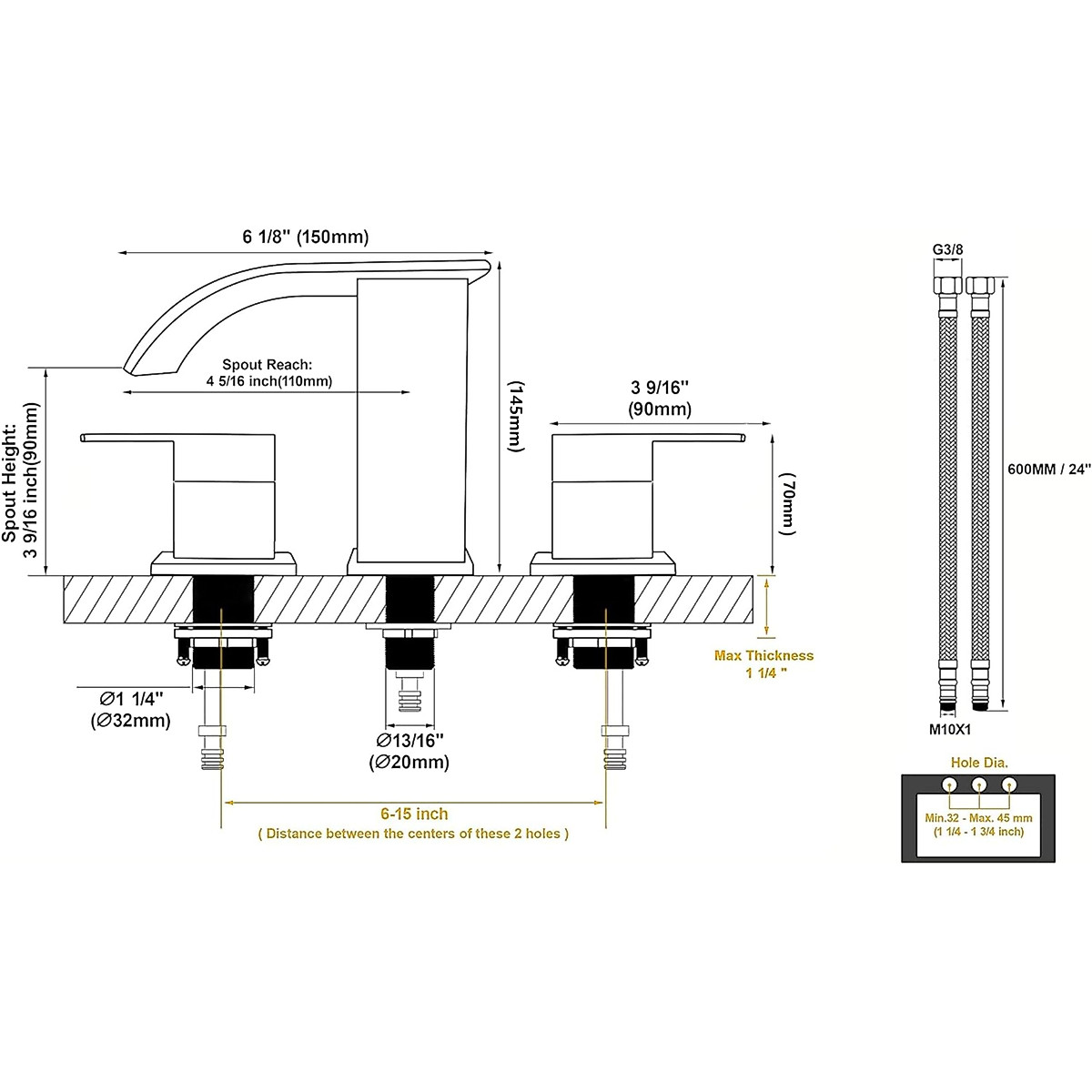 LOOPAN Bathroom Faucets for Sink 3 Hole, 8 Inch 2 Handles Widespread Bathroom Sink Faucet, Modern Bathroom Faucets with Pop-up Drain & cUPC Supply Lines