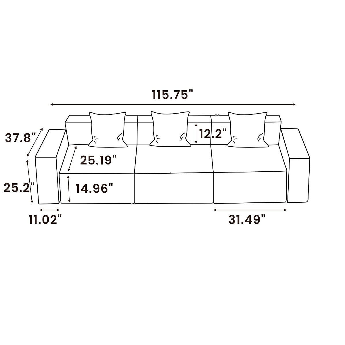 POVISON 115" Modular Sectional Sofa for Living Room Modern Large Sectional Couches Velvet Deep Seat Sofa Set 3 Seats Oversized Big Comfy Cloud Couch for House Office