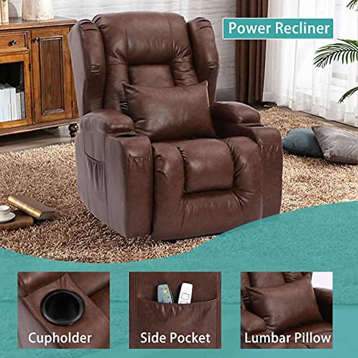 BINGTOO Electric Power Recliner Chair with Massage and Heat Recliner Chairs for Adults, Leather Home Theater Seating with Lumbar Pillow, Cup Holders, USB Port
