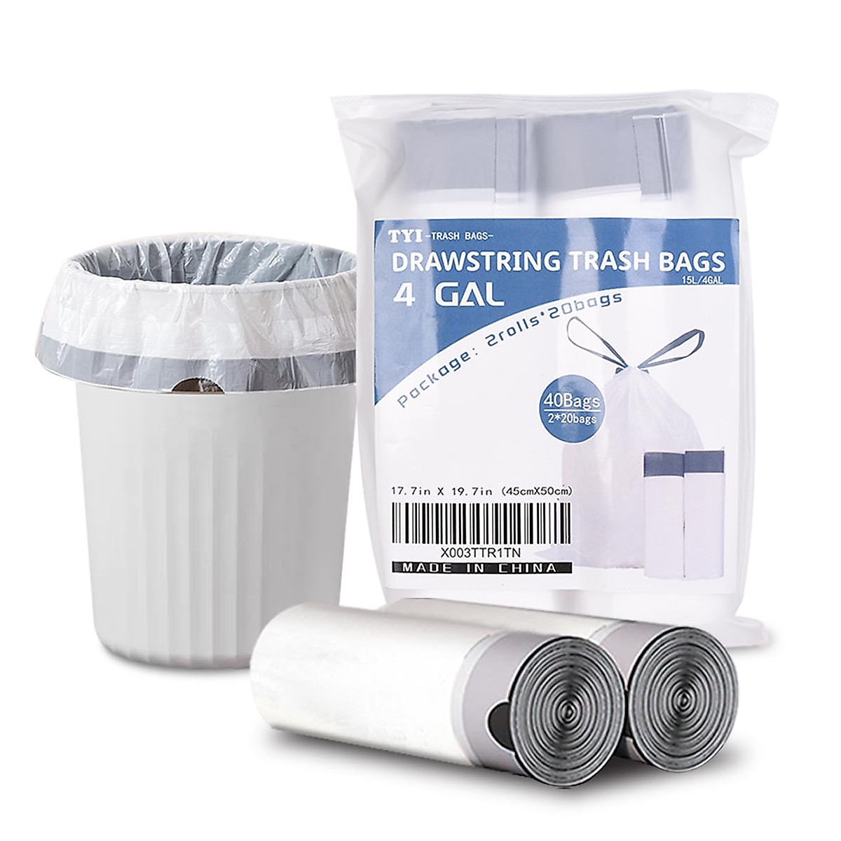 4 Gallon Trash Bags, 40 Count Drawstring Garbage bags, Thickened Unscented Wastebasket Liners for Bathroom Bedroom Office Trash Can
