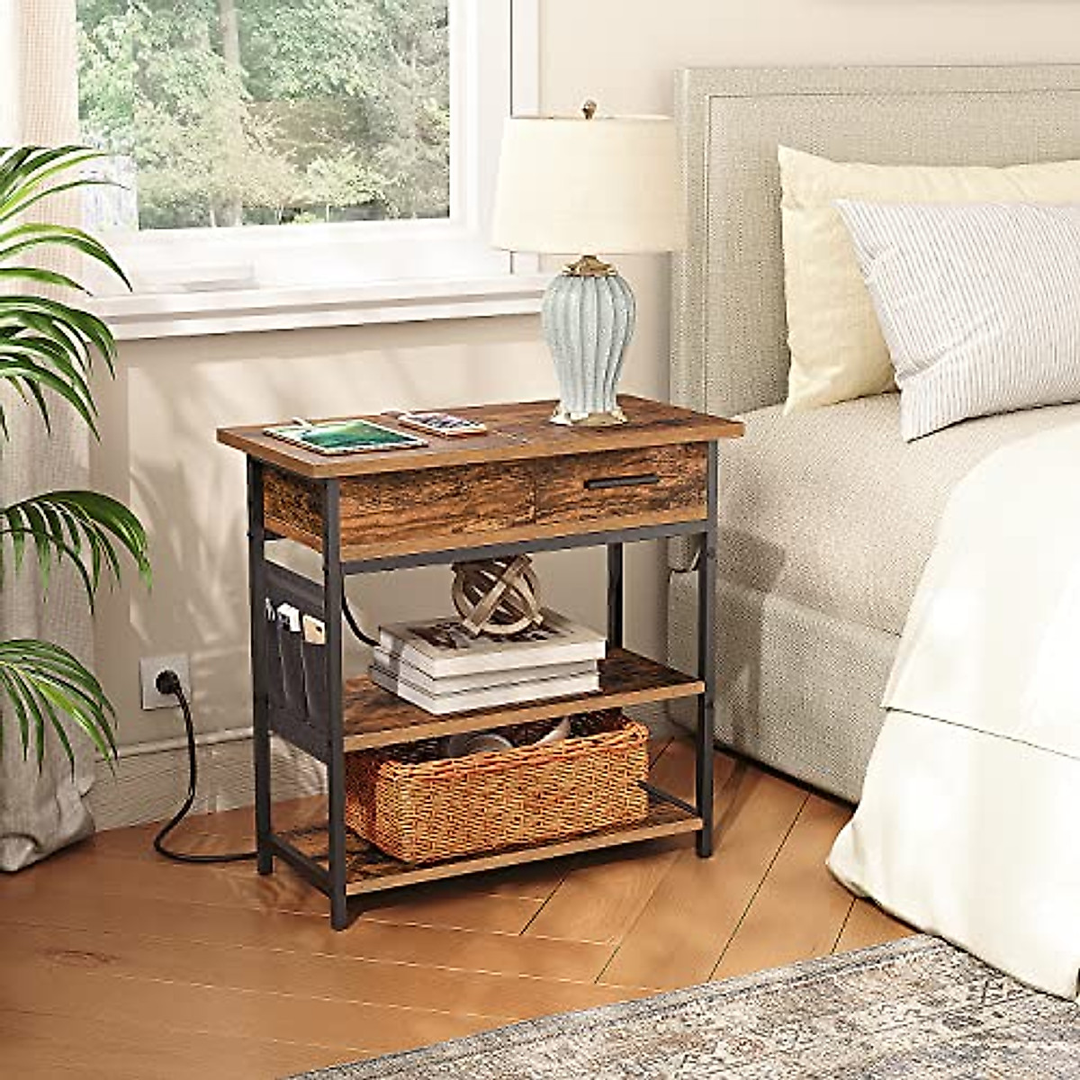 MASHOOPS Narrow End Table, Side Table with Charging Station, End Table with USB Ports and Outlets, Nightstand with Charging Station, Side Tables Living Room, Bedroom, Rustic Brown