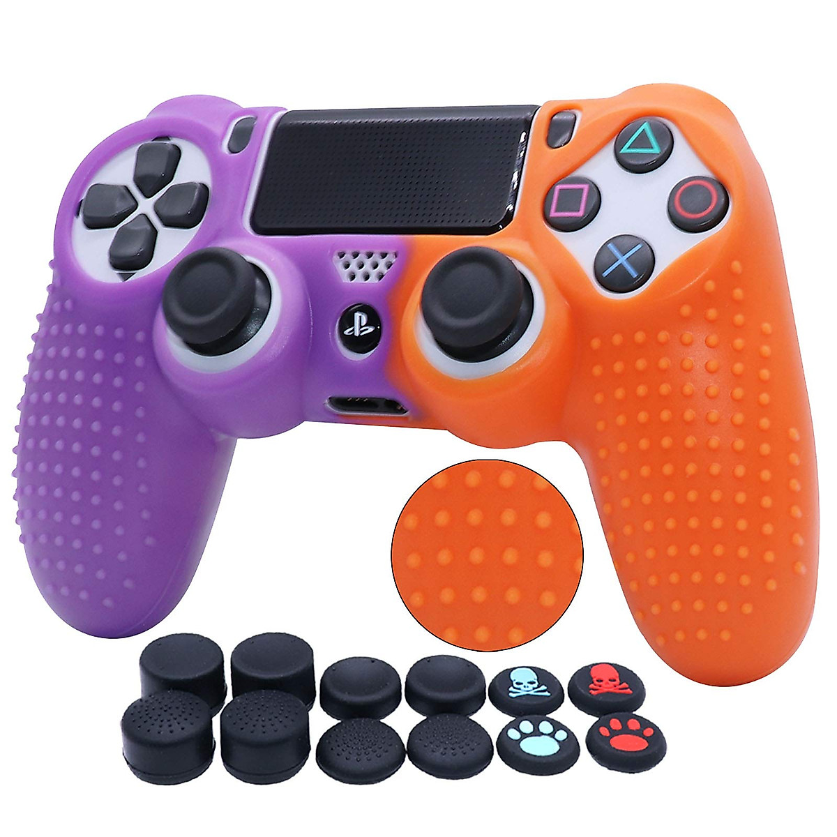 Water Transfer Printing Silicone Skin for PS4 RALAN, Silicone Skin Controller for PS4 Slim/PS4 Pro Controller (Black Pro Thumb Grip x 8,Cat + Skull Cap Cover Grip x 2)