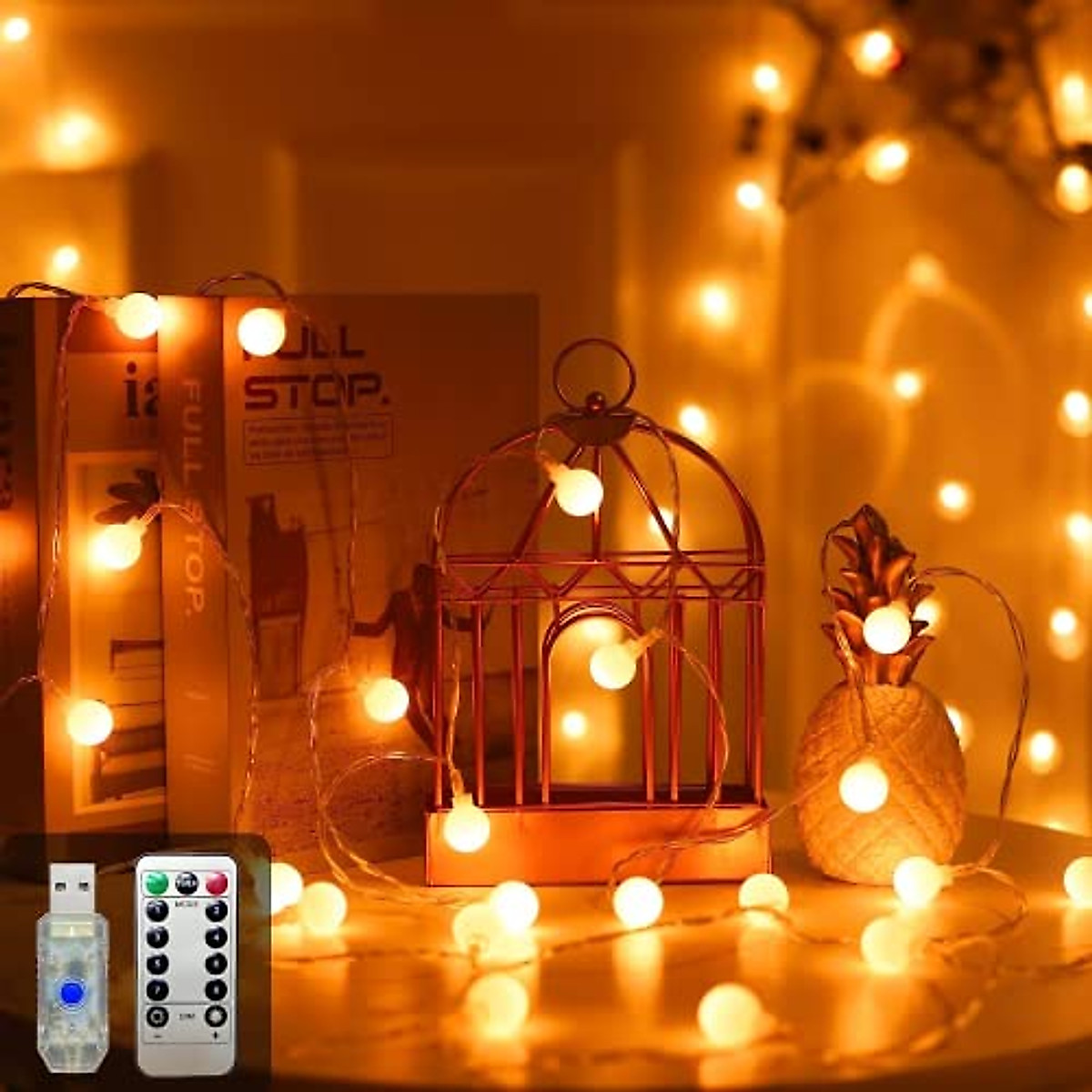 Globe String Lights, 54 FT 100 LED USB Fairy Lights Plug in, 8 Modes Twinkle Lights Waterproof with Remote and Timer for Bedroom Indoor Outdoor Garden Patio Wedding Christmas Party Decor (Warm White)