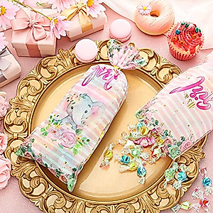100 Pack Pink Elephant Baby Shower Cellophane Treat Bags Cute Elephant Candy Bags Pink Elephant Baby Shower Supplies Favor Bags Goodie Bags with 150 Pieces Gold Twist Ties for Birthday Party Supplies
