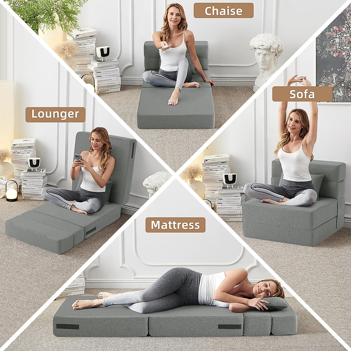 FILUXE Convertible Folding Sofa Bed - Sleeper Chair with Pillow, Modern Linen Fabric Floor & Futon Couch, Foldable Mattress for Living Room/Dorm/Guest Use/Home Office/Apartment, Single Size Light Gray