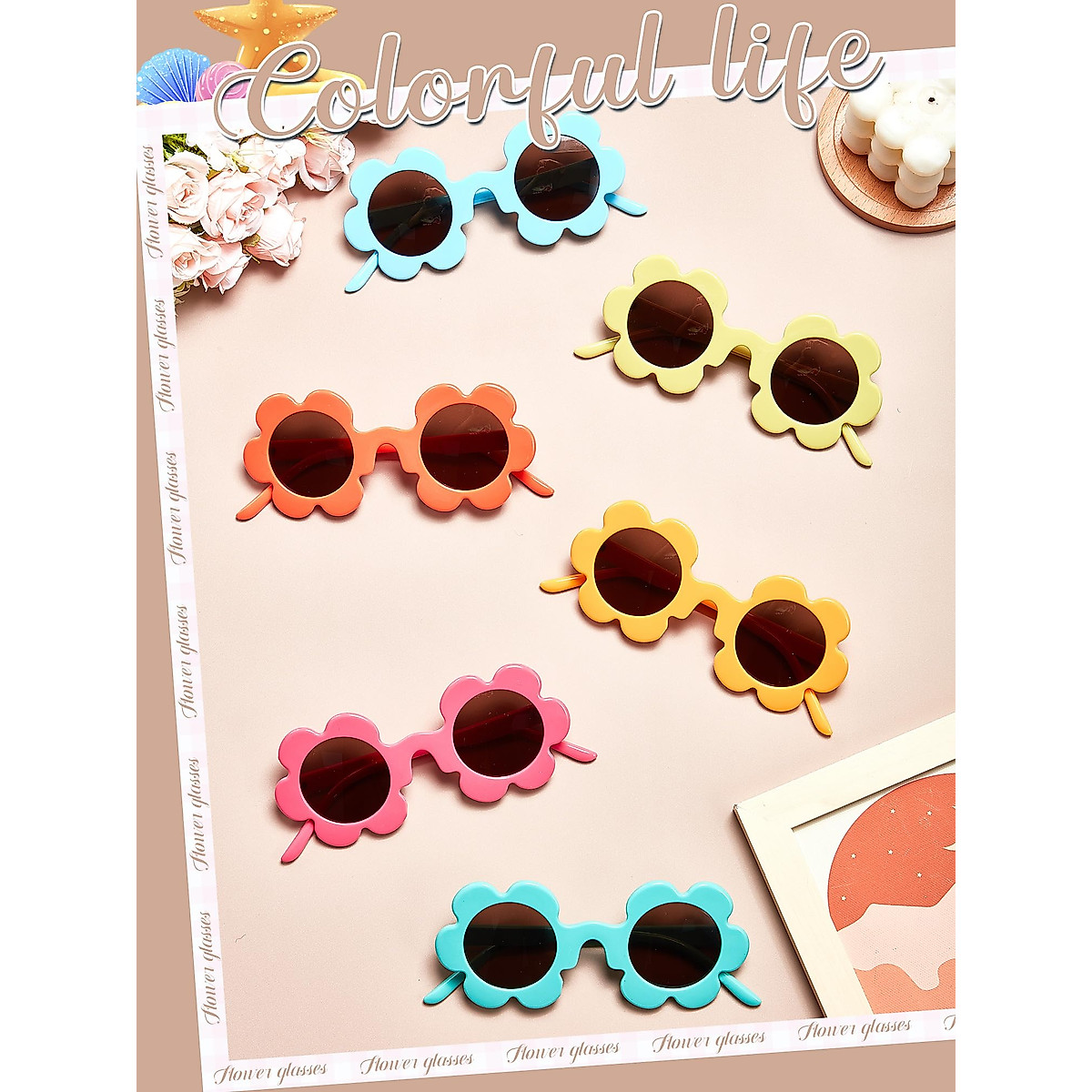 Kanayu 6 Pairs 5.71 Inch Adults Flower Sunglasses Summer Round UV Protection Flower Glasses Colorful Eyewear for Women Men(Fresh Colors)