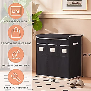TECHMILLY 3 Section Large Laundry Basket, 140L Laundry Hamper with Lid，Waterproof Durable Clothes Hamper with 4 Removable Bags and 3 labels for Bathroom, Bedroom, Dorm, (Black)
