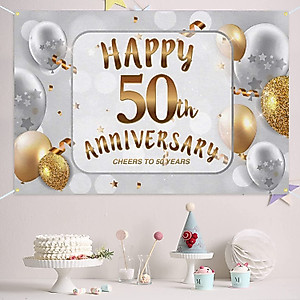 50th Happy Anniversary Decorations Large White Gold Sign Poster for 50th Anniversary Backdrop Banner Cheers To 50 Years Anniversary Party Decorations Supplies for Parents