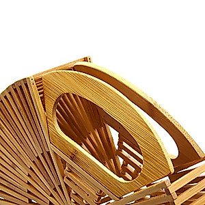 Miuco Women Bamboo Top-Handle Handbags Round Straw Beach Tote Bag Small