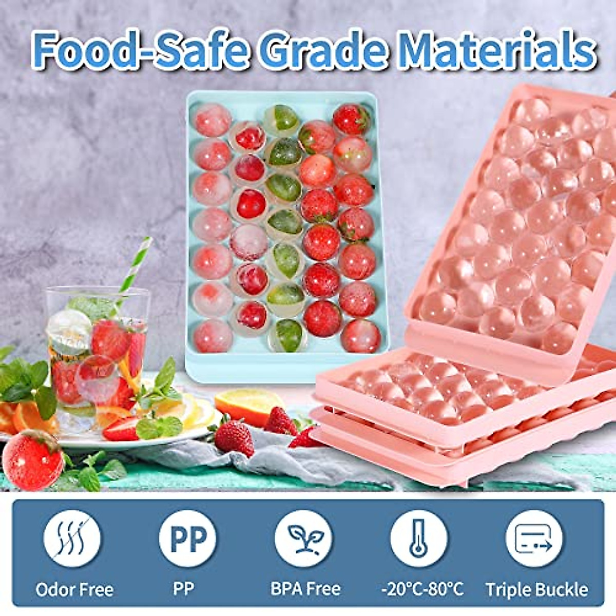 Round Ice Cube Tray, Ice Ball Maker Mold for Freezer with Lid & Bin, Easy Release Mini Sphere Ice Cube Mold Making 1.1IN X 66PCS Circle Small Ice Cube for Cocktail, Whisky(2 Pink Tray, 1 Scoop & Tong)