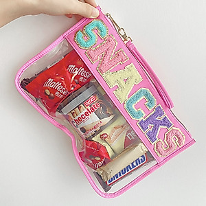 dark swan 1PCS Chenille Patch Nylon Pouch,Clear Waterproof Snacks Bag,With Preppy &Letter Double Sided Patches Multi-purpose Makeup Travel Bag for Women Girls