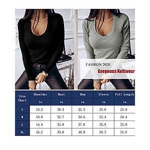 Fessceruna Womens Long Sleeve Shirts Tops Deep V Neck Ribbed Knit Fall Casual Slim Fit Basic Sexy T-Shirt 2024