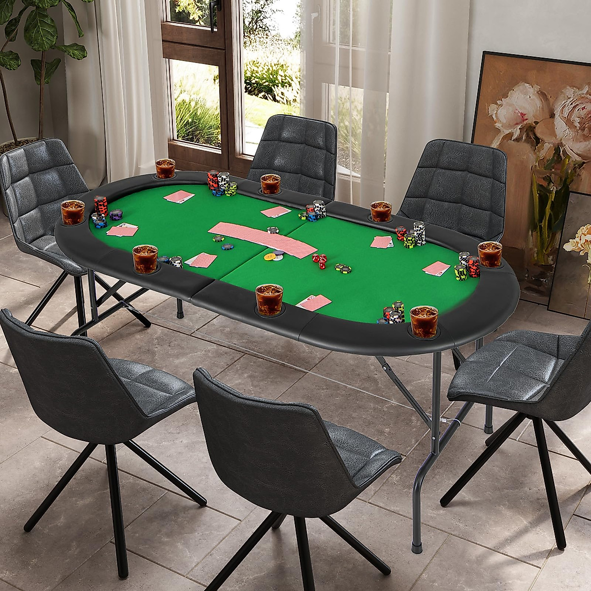 Giantex 8 Player Poker Table Foldable, Folding Card Board Game Table w/8 Cup Holders & Comfy Armrests, Casino Grade Felt, Portable Oval Texas Holdem Blackjack Poker Tables, No Assemble Required