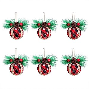 Shatterproof Christmas Ball Ornaments with Pinecones & Greenery 6pcs Buffalo Plaid Ball Ornaments Aousthop Black Red Burlap Foam Ball Hanging Decorations for Xmas Tree Ne Miniature (Red, One Size)