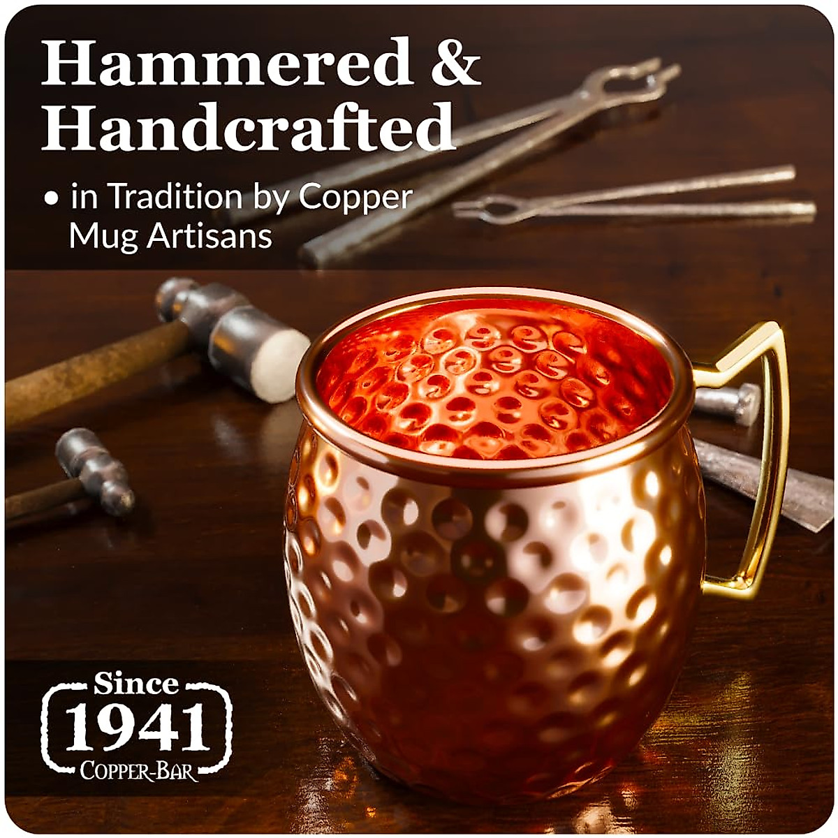 Moscow Mule Copper Mugs | Set of 4 Hammered Cups | 100% Handcrafted Pure Solid Copper | Gift Set with Cocktail Straws | Shot Glass | Coasters | Copper Stirrer & Beer Opener by Copper-Bar