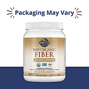Garden of Life Fiber Supplement, Raw Organic Fiber Powder - 30 Servings, 15 Organic Superfoods, Probiotics and Omega-3 ALA, 4g Soluble Fiber, 5g Insoluble Fiber for Regularity, Psyllium Free Fiber