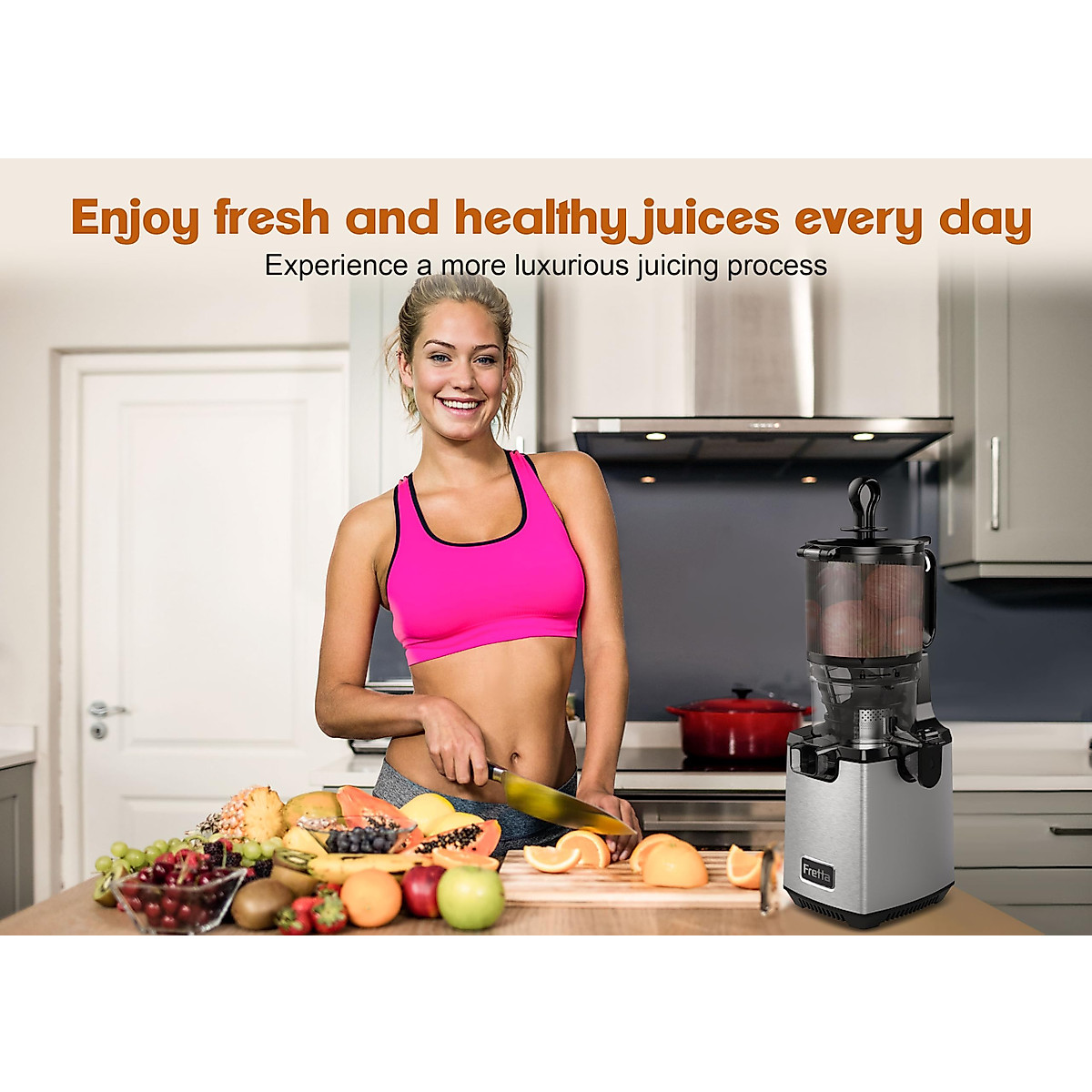 Cold Press Juicer Machines,Fretta Slow Masticating Juicers with 5.3" Large Feed Chute Fit Whole Fruits & Vegetable Easy Clean Self Feeding Juice Extractor,Tritan Material BPA Free 250W,Stainless Steel