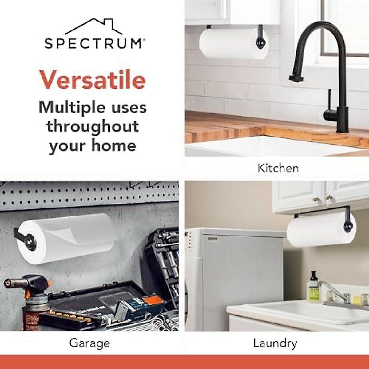 Spectrum Diversified Wall Mount Holder Easy Installation, Under Kitchen Cabinet Paper Towel Dispenser, Use, White