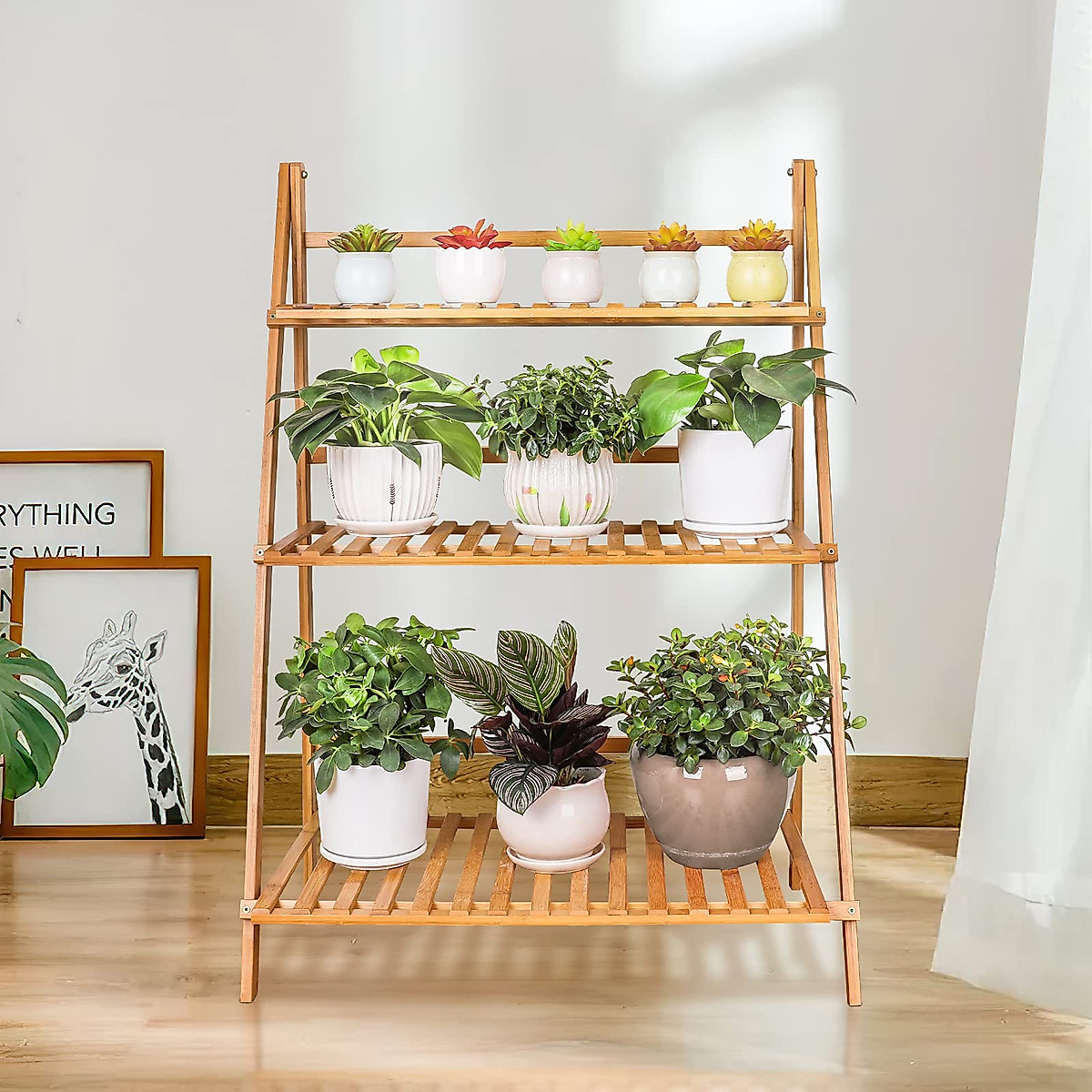 Ufine Bamboo Ladder Plant Stand 3 Tier Foldable Flower Pot Display Shelf Rack for Indoor Outdoor Home Patio Lawn Garden Balcony Organizer Planter Holder