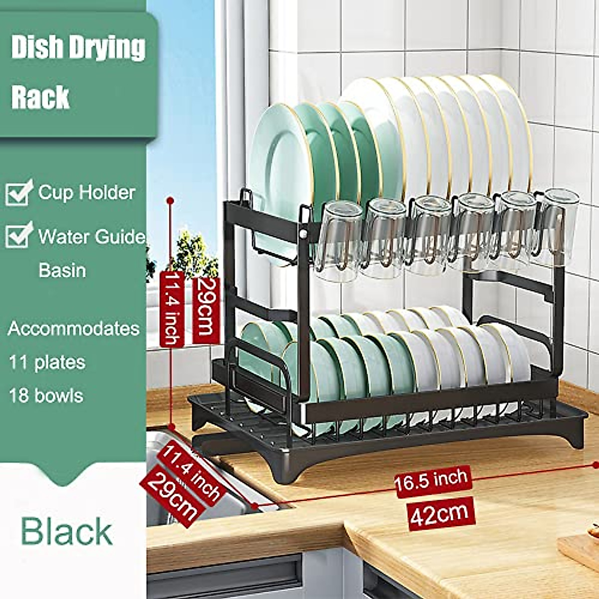 Hovshelf Dish Racks for Kitchen Counter, Dish Drying Rack with Drainboard, 2 Tier Dish Drainers for Kitchen Counter(Black)