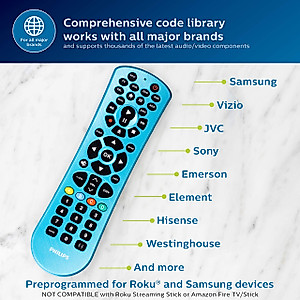 Philips Universal Remote Control, Universal TV Remote Replacement, Samsung TV Remote Control Universal, for Roku Remote Replacement, Vizio, LG, Sony, Apple TV, Smart TVs, 6 Device, Blue, SRP6249B/27