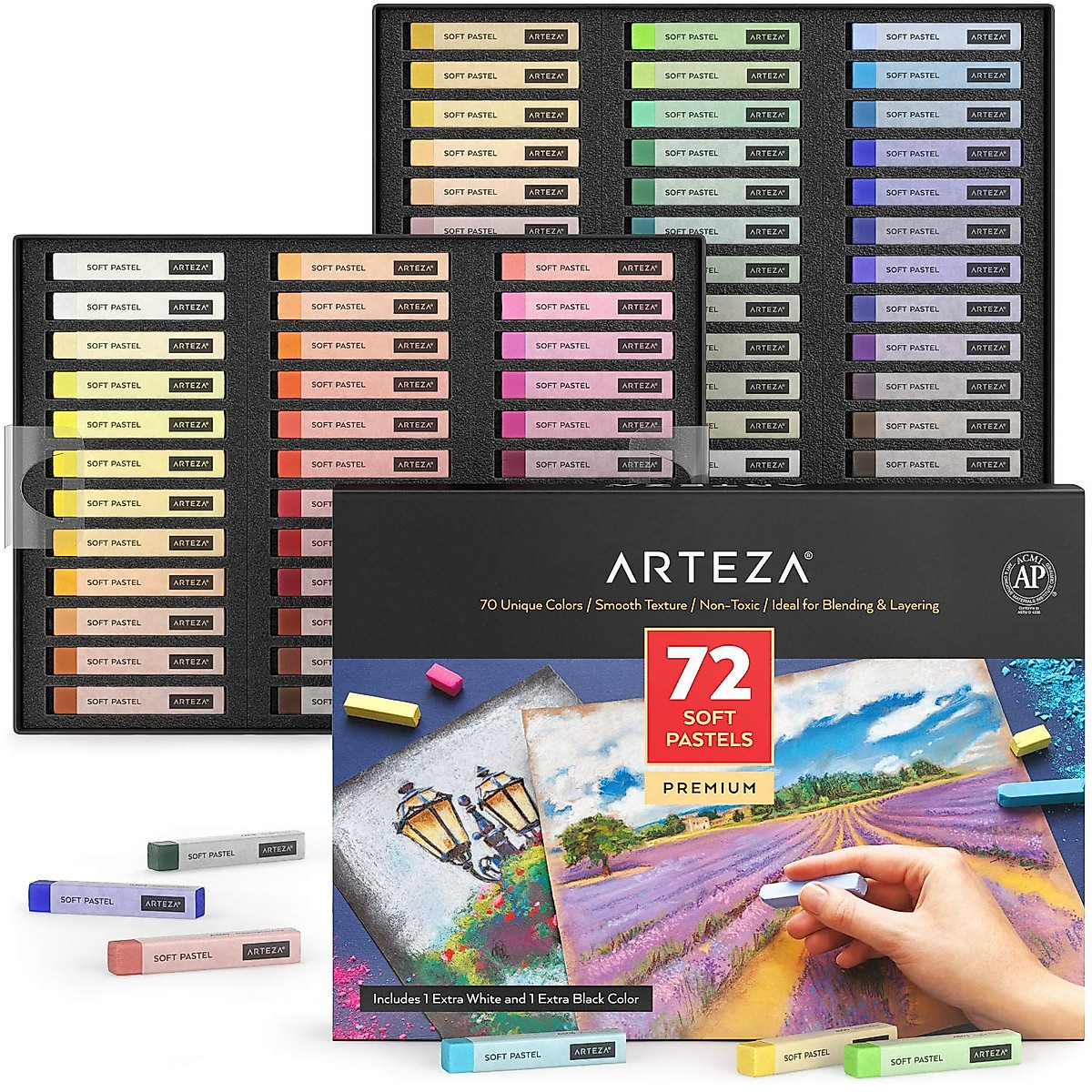 ARTEZA Soft Pastels for Artists, Set of 72 Chalk Pastels for Artists Sticks, Chalk Crayons Art Supplies for Drawing, Blending, Layering, and Shading