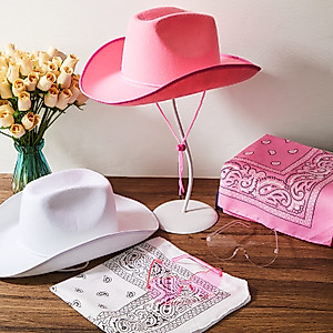4 Sets Cowboy Hats with Bandana for Halloween Cosplay Costume Cowgirl Hat for Wedding Bride Bridesmaid Men Women, Pink, White