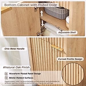 RedLemon 68" Tall Bathroom Narrow Storage Cabinet with Adjustable Shelf, Drawer & Faux Marble Top, Curved Profile Linen Tower for Bathroom, Living Room, Kitchen, Natural Oak Color